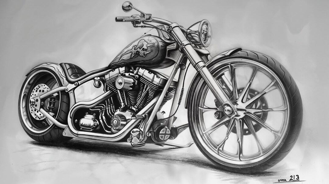 Printable Picture of a Charcoal Drawing of a Chopper Motorcycle With ...