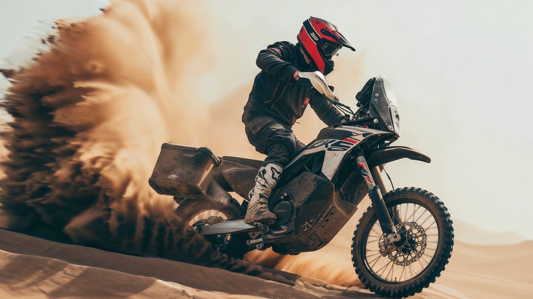 Printable Painting of Enduro Style Motorcycle, Skidding on a Desert ...