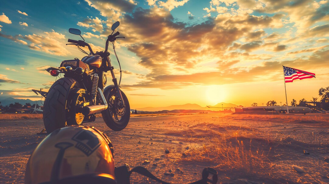 Printable Painting of a Beautiful Chopper Motorcycle at Sunset. Golden ...