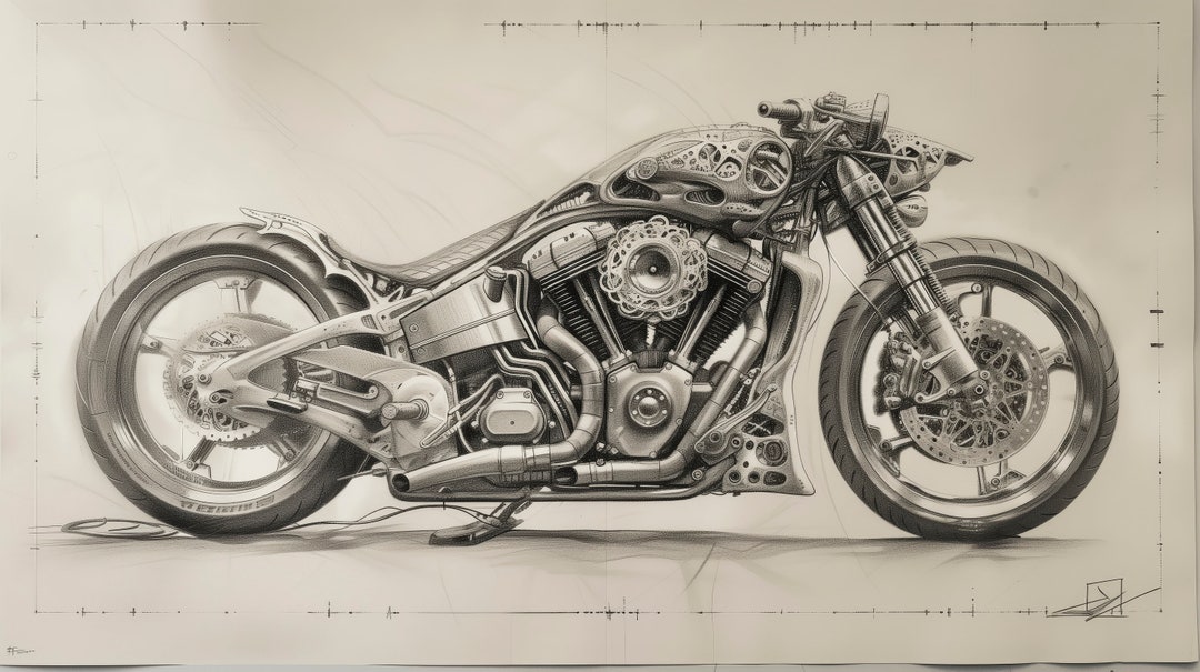Printable Picture of a Sepia Charcoal Drawing of a Chopper Motorcycle ...