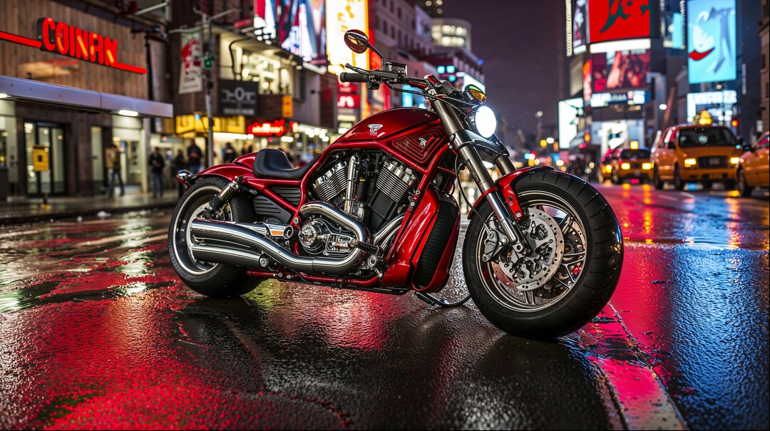 Printable Poster of Neon Lights: A Red Chopper Motorcycle Shines in the ...