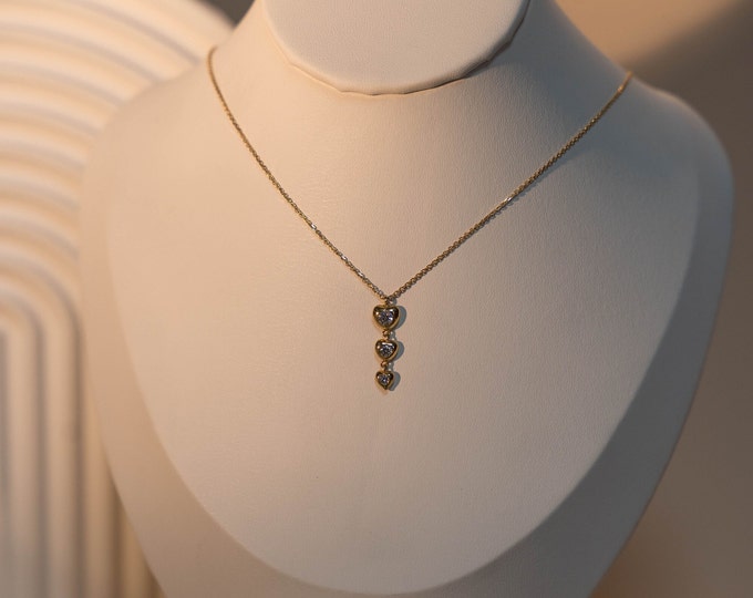 Triple Gold Hearts Necklace, 14K Gold Filled Chain and 3 Tiny Heart ...