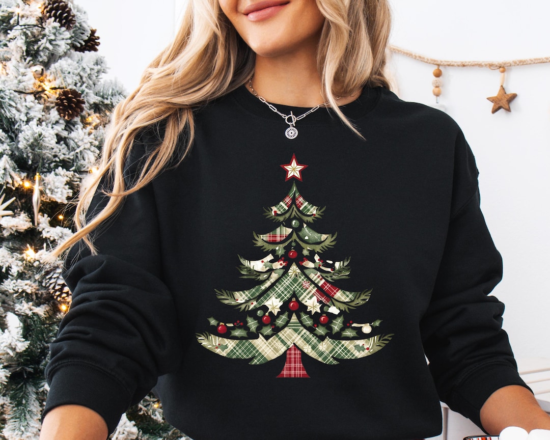 Vintage Christmas Tree Sweatshirt, Christmas Plaid Tree Sweater ...