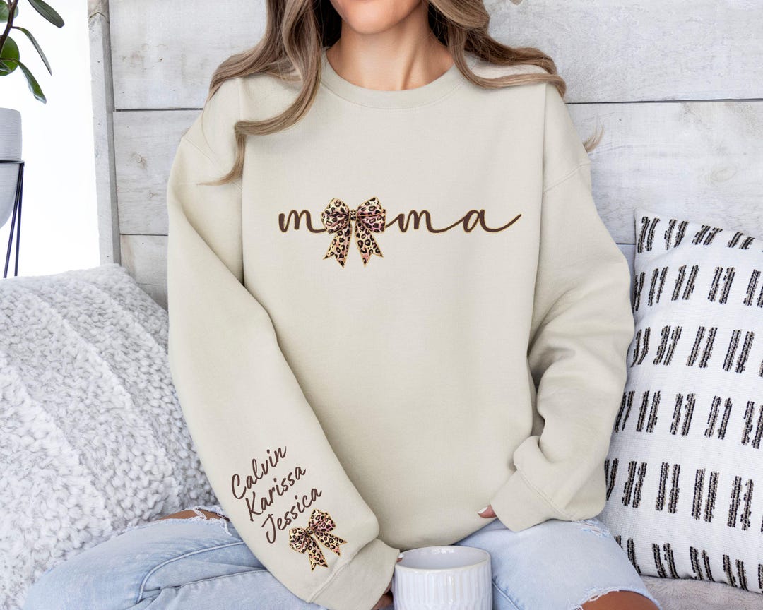Leopard Mama Sweatshirt, Custom Mama Sweater With Kids Name on Sleeve ...