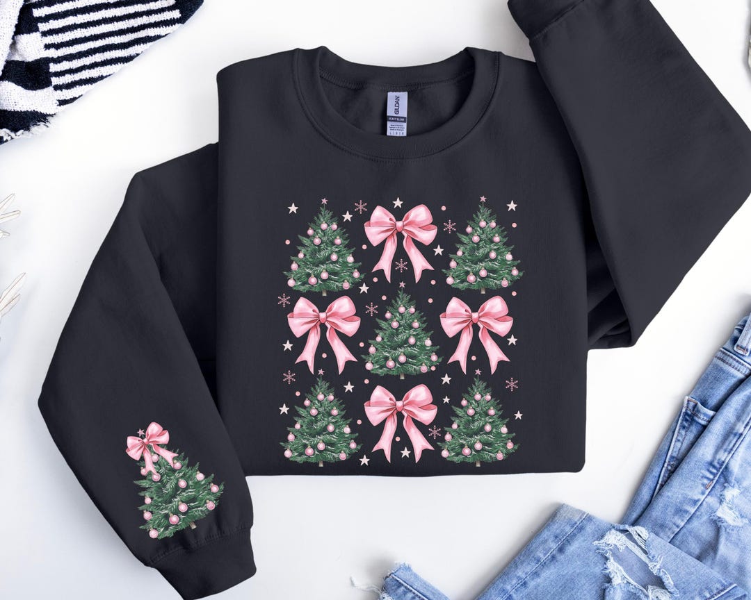 Coquette Christmas Tree Sweatshirt, Christmas Pink Bow Sweater ...