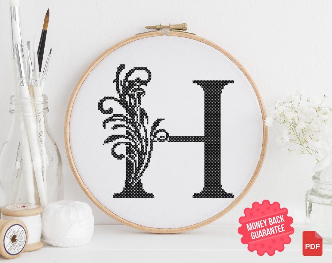 Floral Letter H Cross Stitch Pattern - Elegant Floral Monogram "h ...