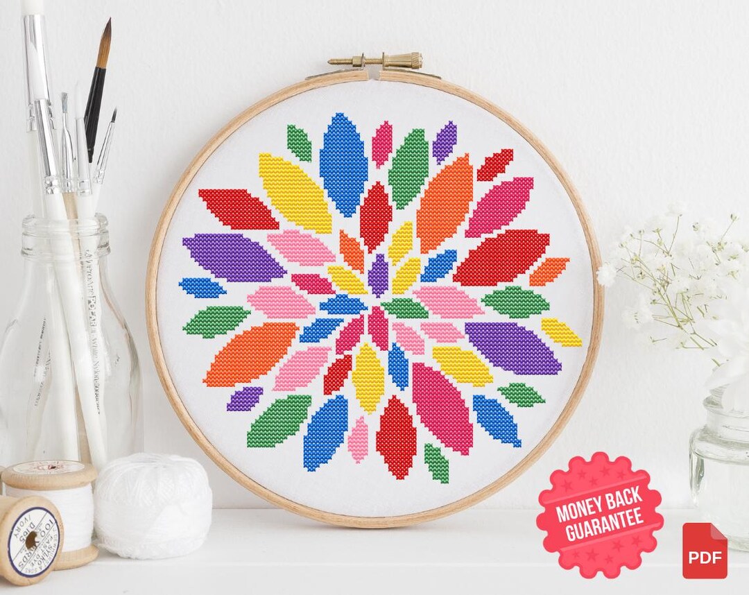 Color Wheel Leaves Cross Stitch Pattern Vibrant Rainbow Garden Stitch ...