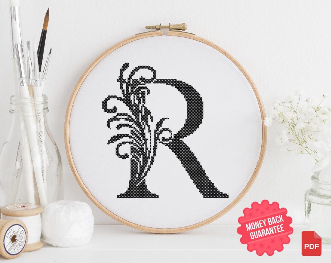 Floral Letter R Cross Stitch Pattern - Elegant Floral Monogram "r ...