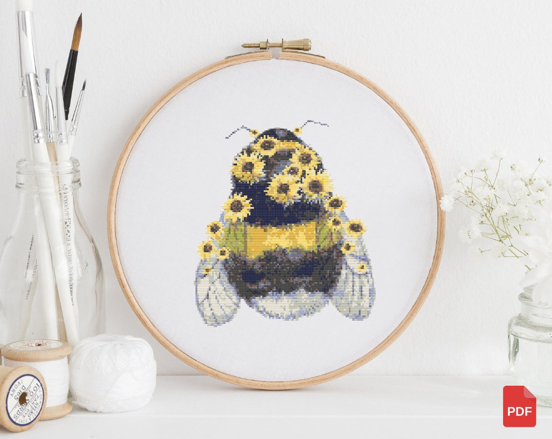 Watercolor Bumble Bee Cross Stitch Pattern Bumble Bee With Flowers ...