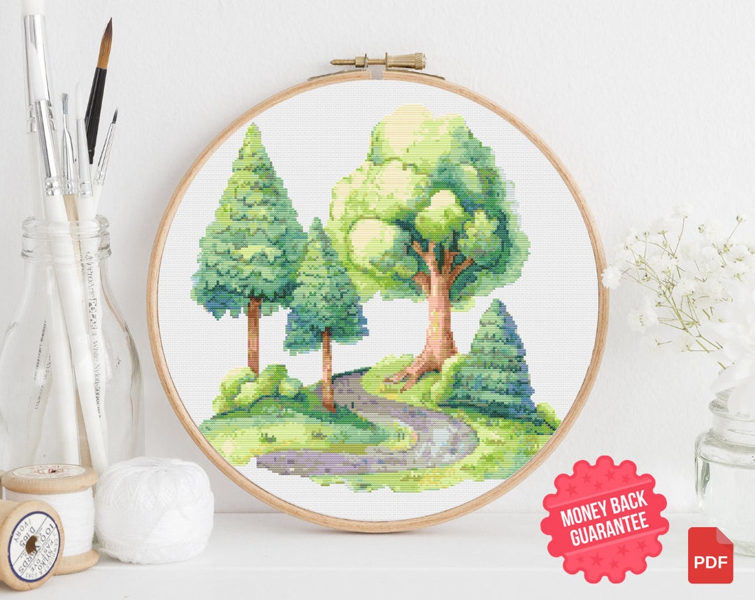Forest Cross Stitch Pattern, Forest Trees Landscape Cross Stitch Design ...