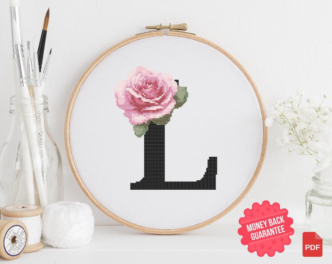 Rose Letter L Cross Stitch Pattern PDF, Floral Alphabet Initial, Modern ...