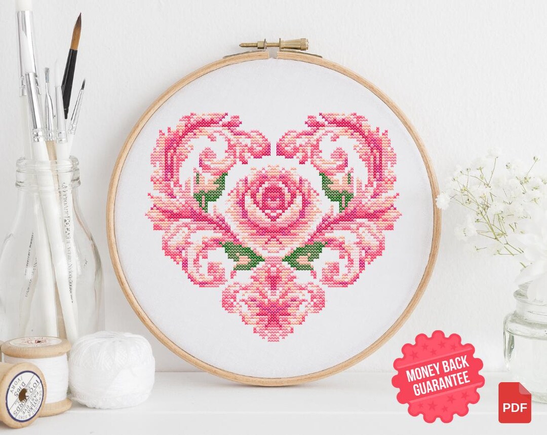 Pink Rose Heart Cross Stitch Pattern PDF Floral Heart Design - Etsy
