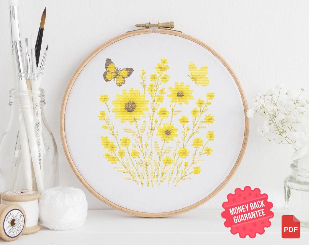 Yellow Floral Cross Stitch PDF Pattern – Sunny Meadow Embroidery With ...