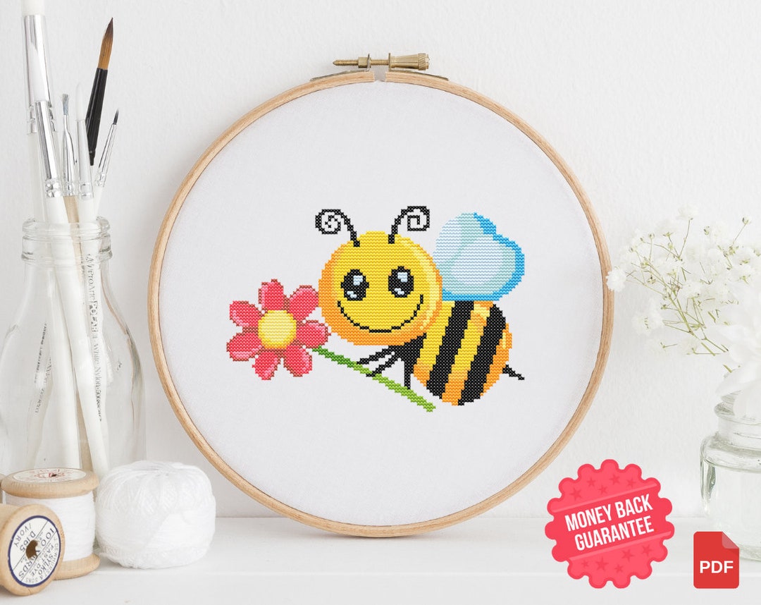 Garden Bee Cross Stitch Pattern Cartoon Bumble Bee With Flower Cross Stitch Bumble Bee Cross ...