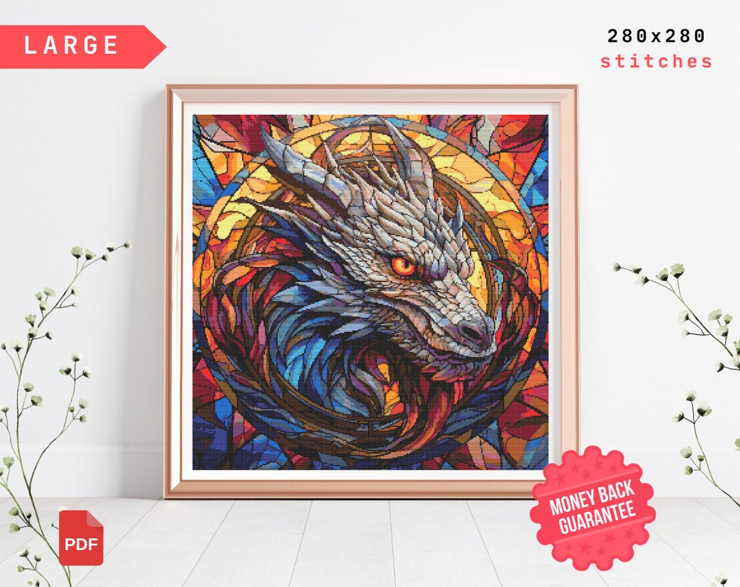 Stained Glass Dragon Cross Stitch Pattern PDF, Large Dragon Embroidery ...