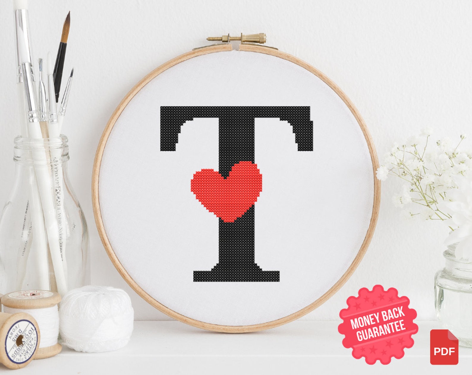 Love Letter T Cross Stitch Pattern: Heart Alphabet (PDF Download) - Etsy