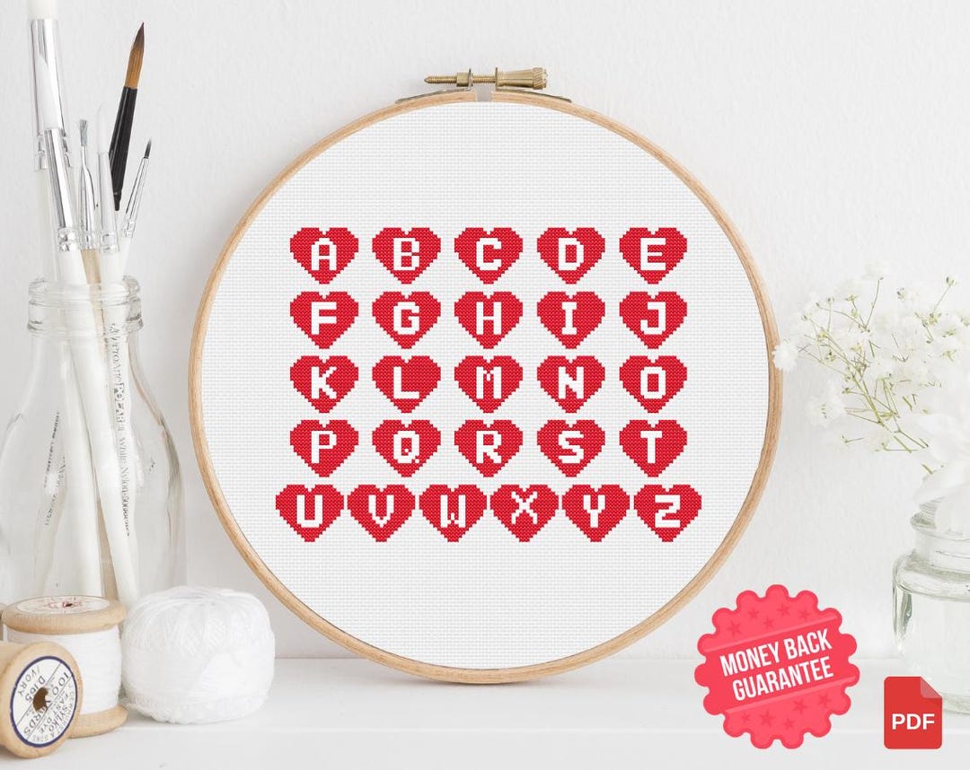 Heart Alphabet Cross Stitch Pattern – Red Love Letters, Beginner ...
