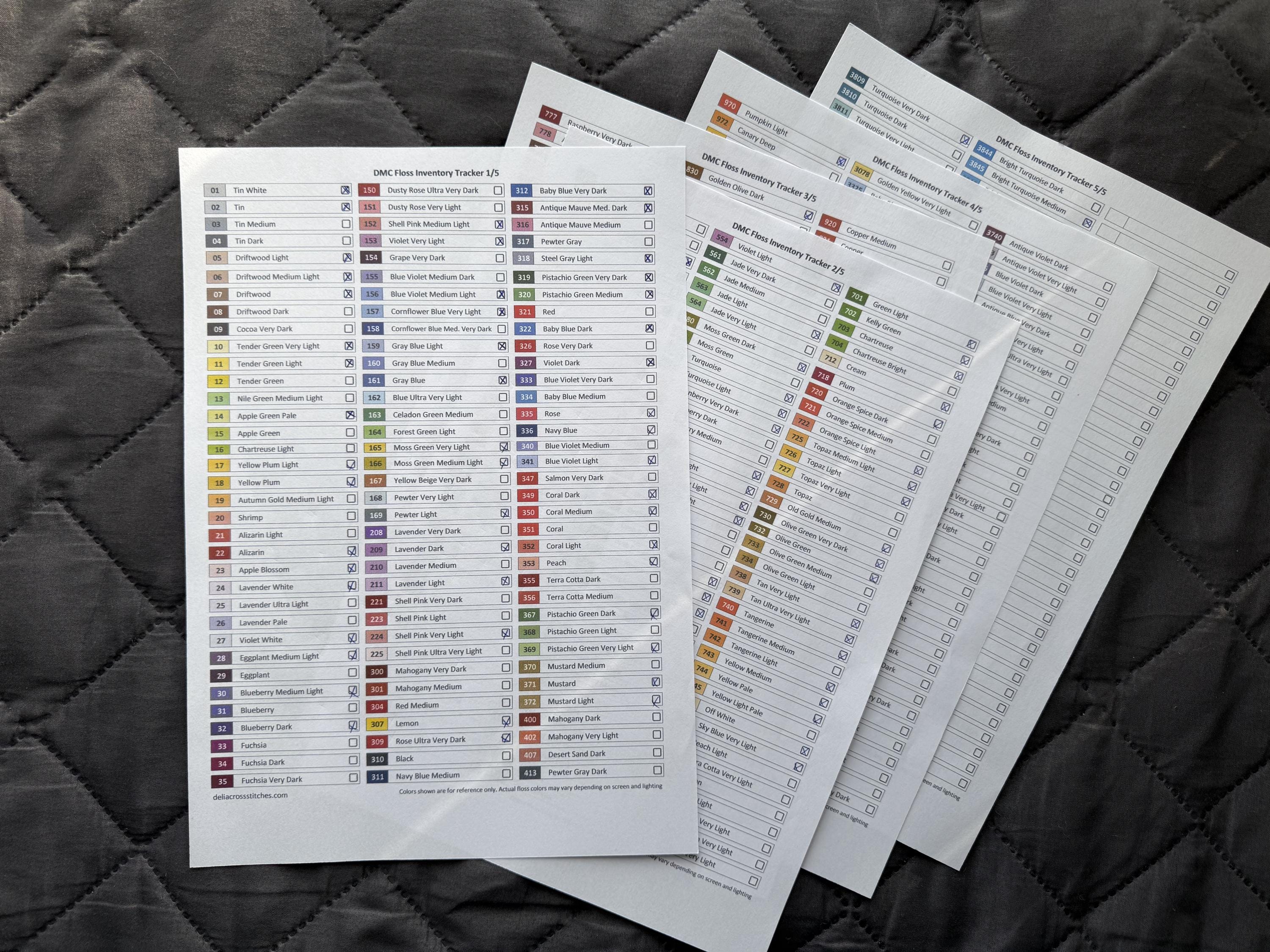 DMC Floss Inventory Tracker With Color Names 5 Page Printable Checklist ...