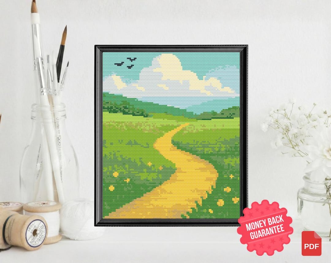 Sunny Path Cross Stitch Pattern, Meadow Landscape PDF, Modern Nature ...