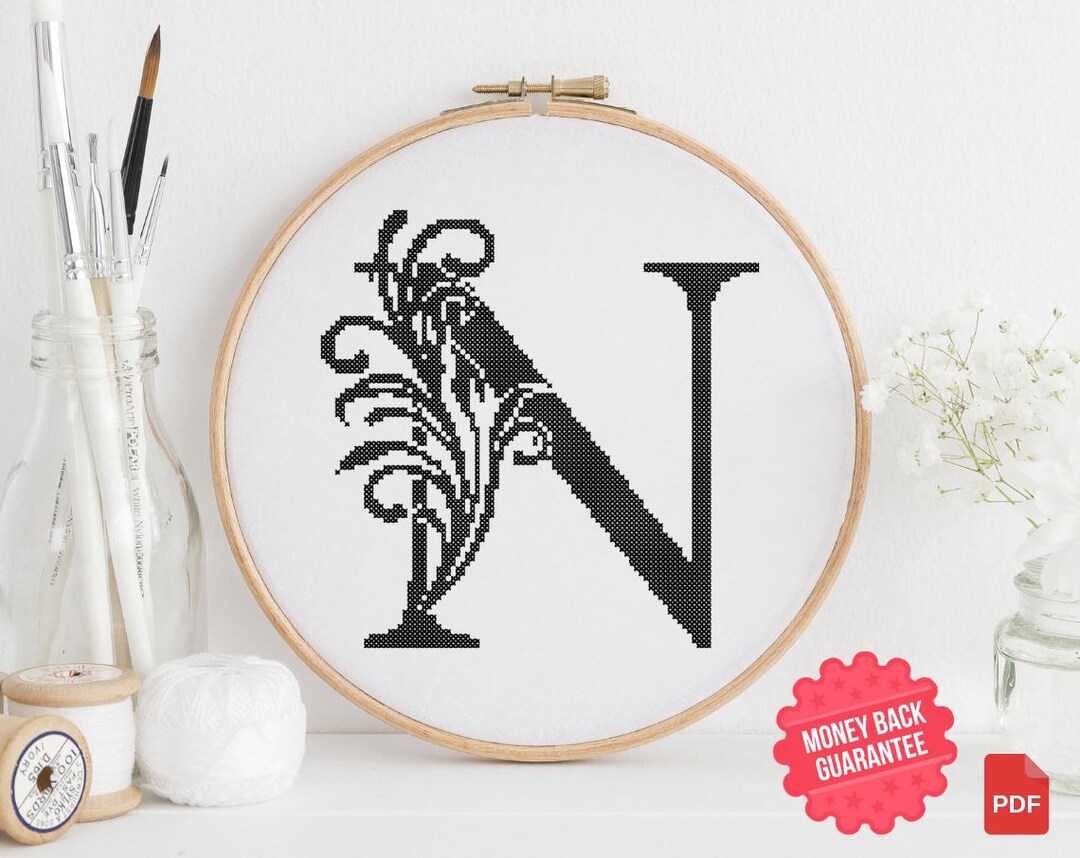 Floral Letter N Cross Stitch Pattern Elegant Floral Monogram n Cross ...