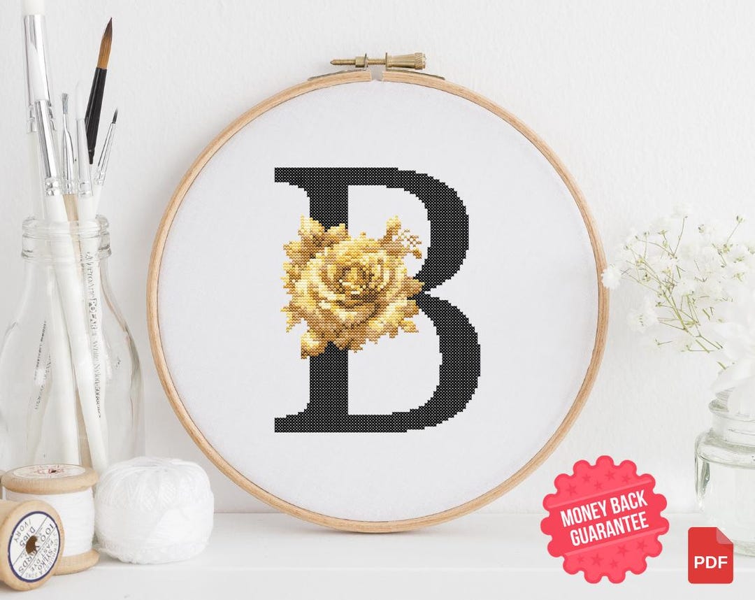 Letter B Cross Stitch Pattern Black Alphabet Golden Rose PDF, Golden ...