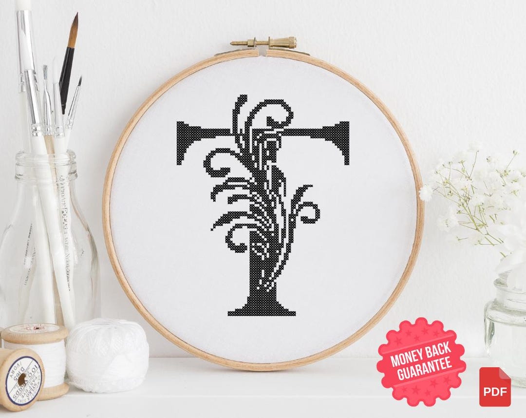 Floral Letter T Cross Stitch Pattern Elegant Floral Monogram t Cross ...