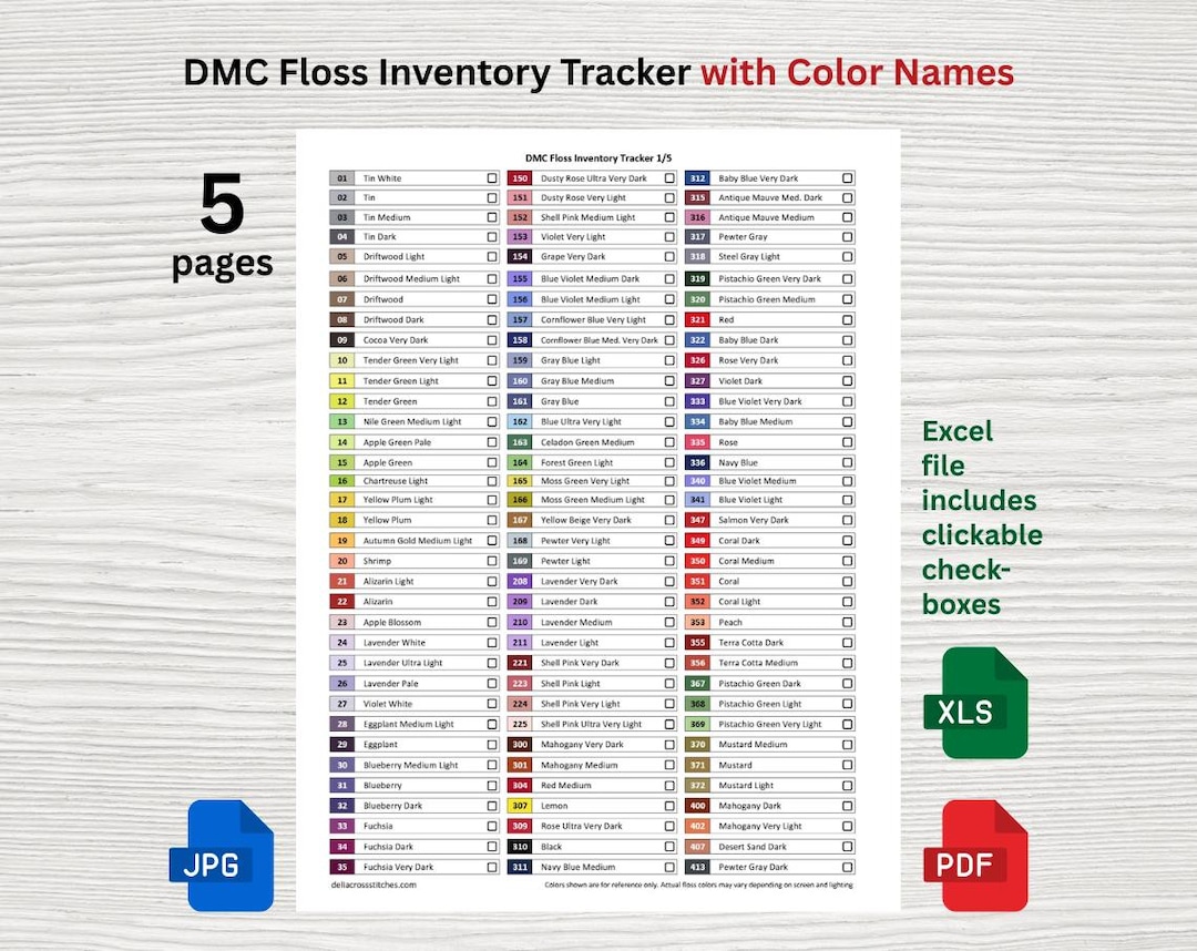 DMC Floss Inventory Tracker With Color Names 5 Page Printable Checklist ...