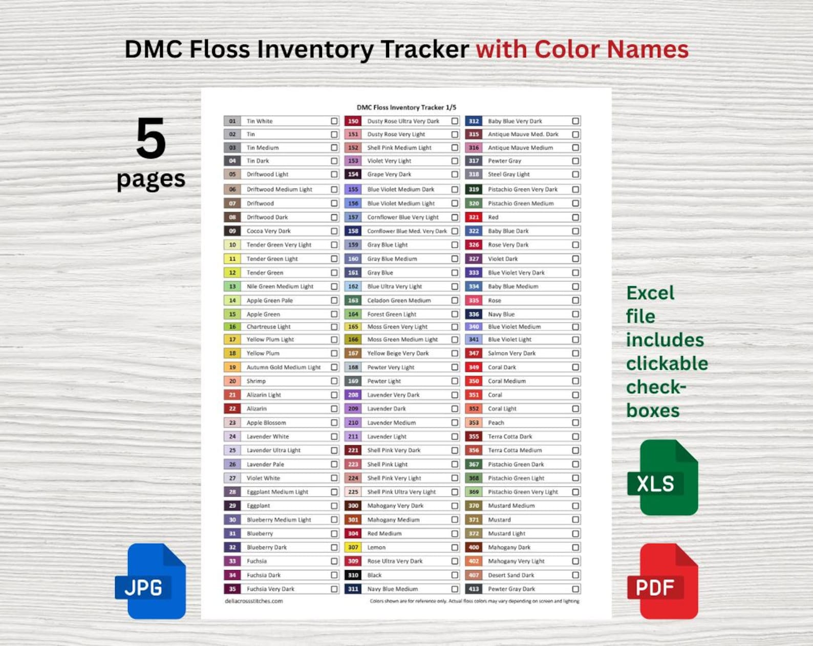 DMC Floss Inventory Tracker With Color Names 5 Page Printable Checklist ...