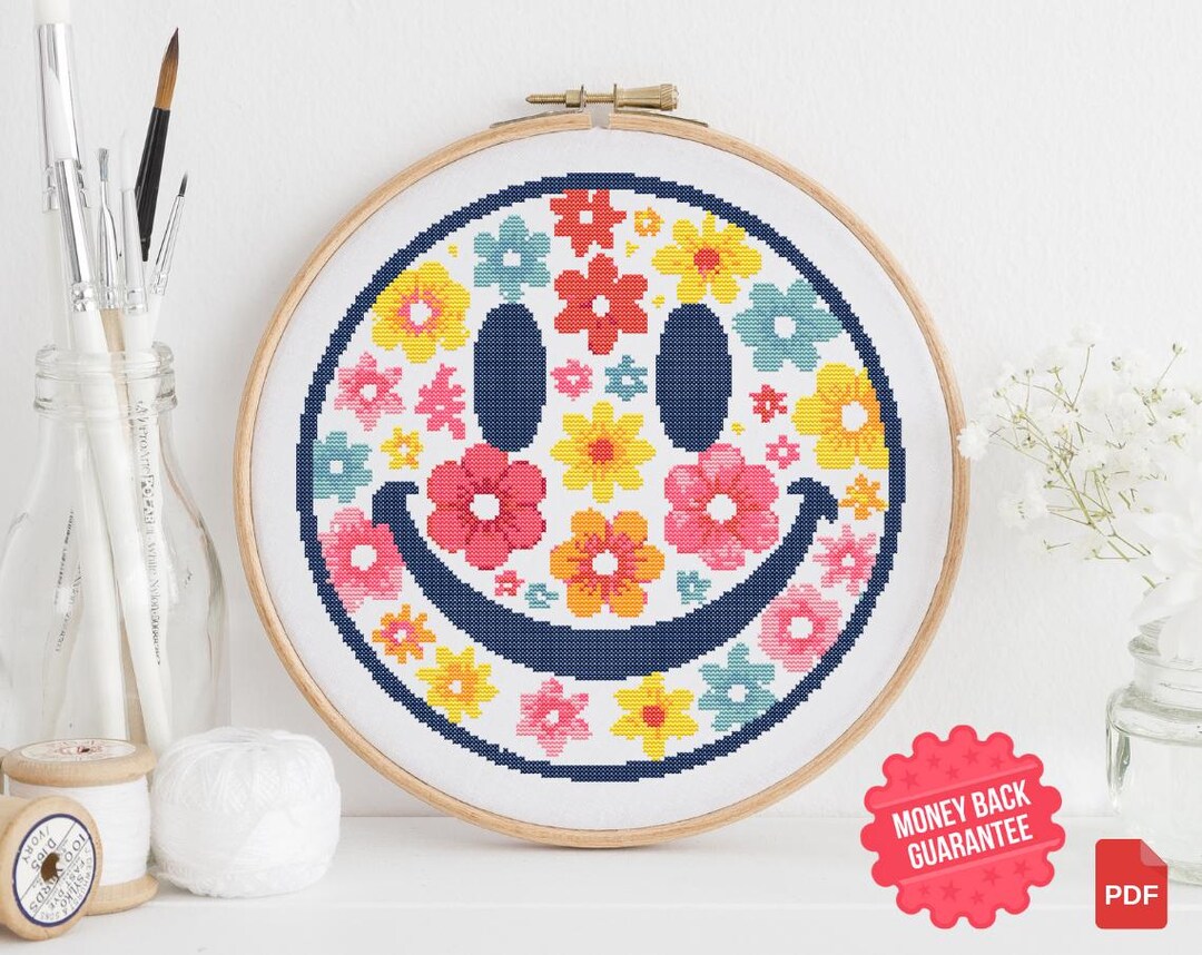 Happy Retro Daisy Smiley Face Cross Stitch Pattern Vibrant Flower Smile ...