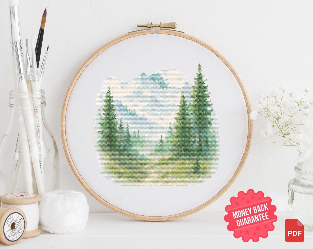 Forest Mountain Cross Stitch Pattern PDF - Nature Landscape Embroidery ...