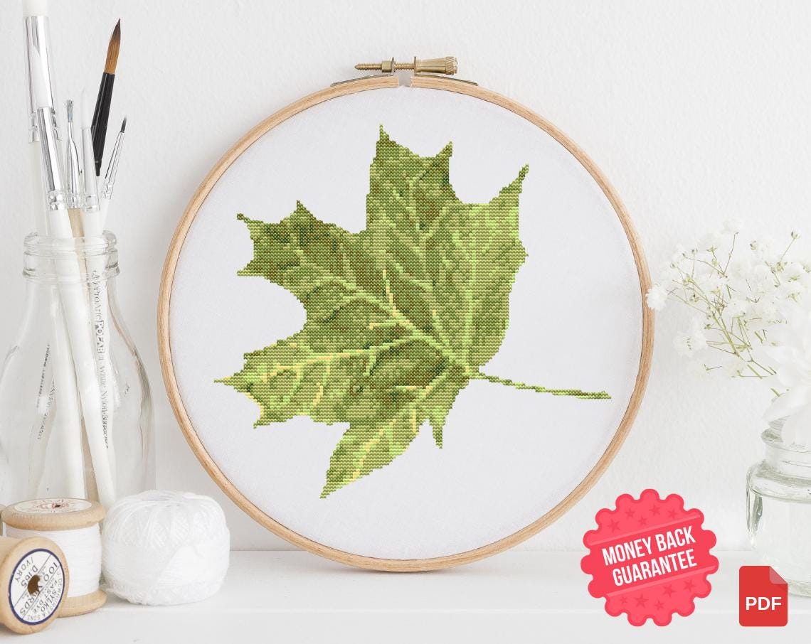 Green Maple Leaf Cross Stitch Pattern PDF Download Nature-inspired Home ...