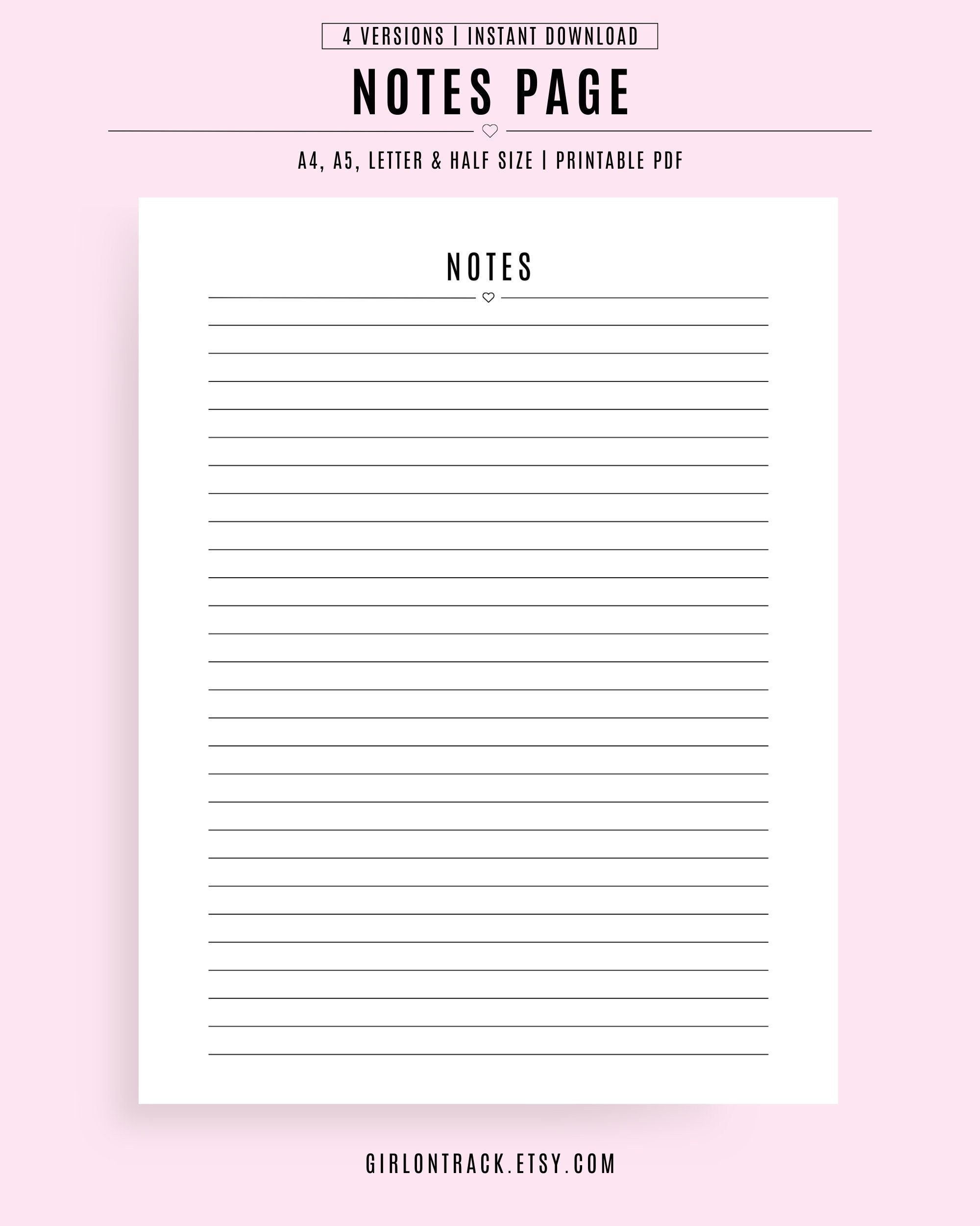 Notes Page Printable, Lined Notes Template, Note Taking, Writing Paper ...
