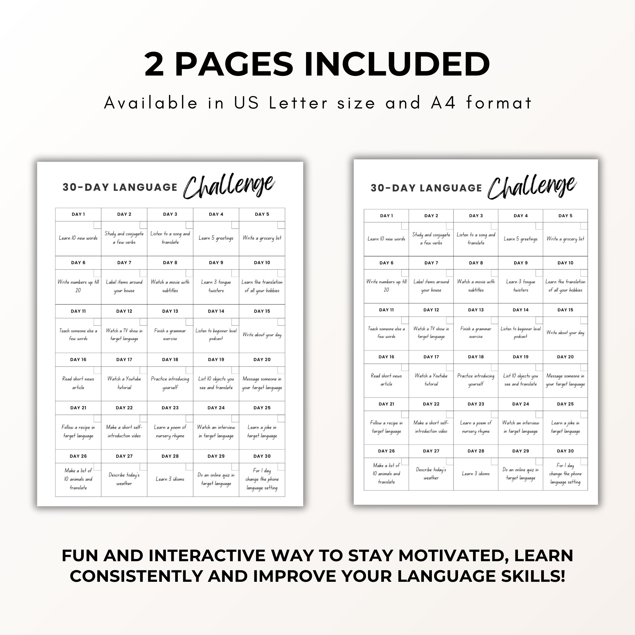 30 Day Language Learning Challenge Printable Worksheet, Language Study ...