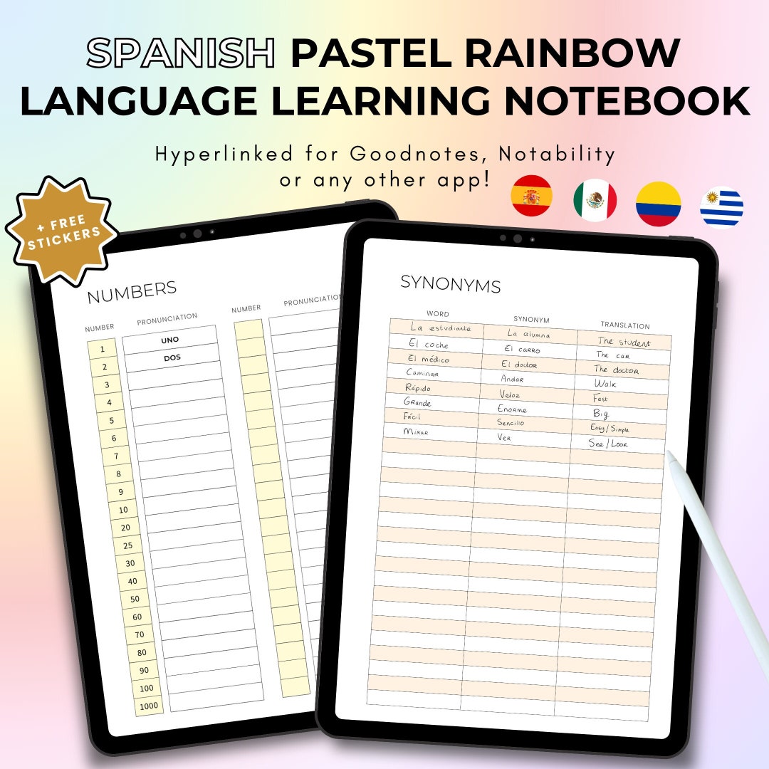 Spanish Rainbow Pastel Language Learning Notebook, Hyperlinked Journal ...