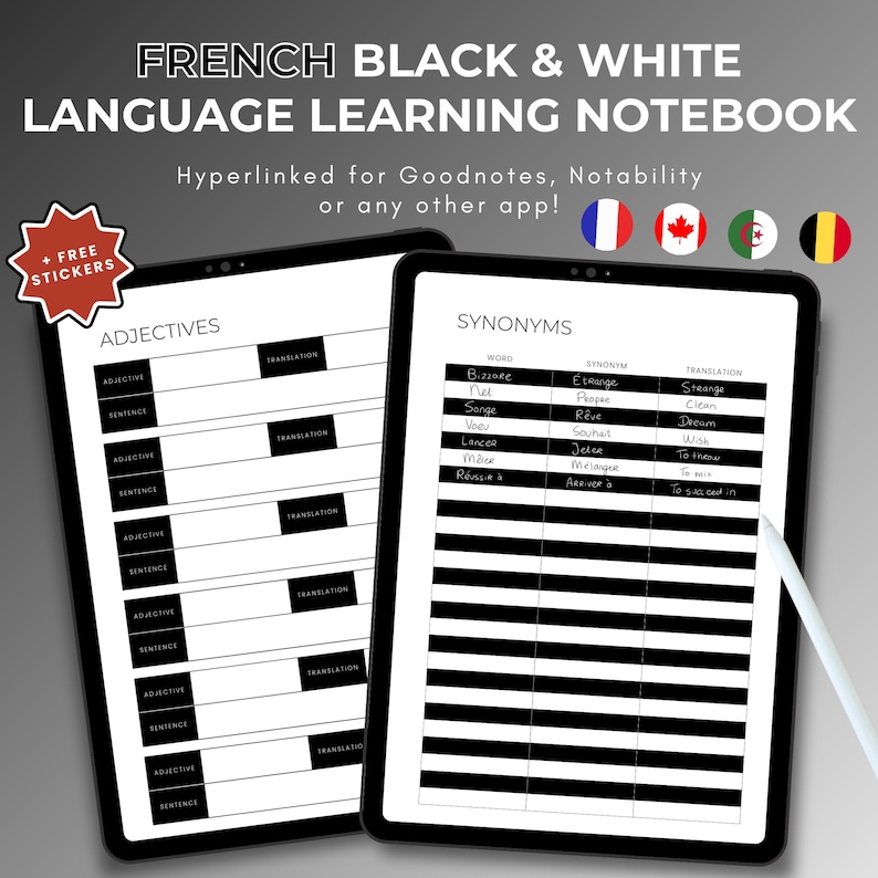 French Black & White Language Learning Notebook, Hyperlinked Journal ...