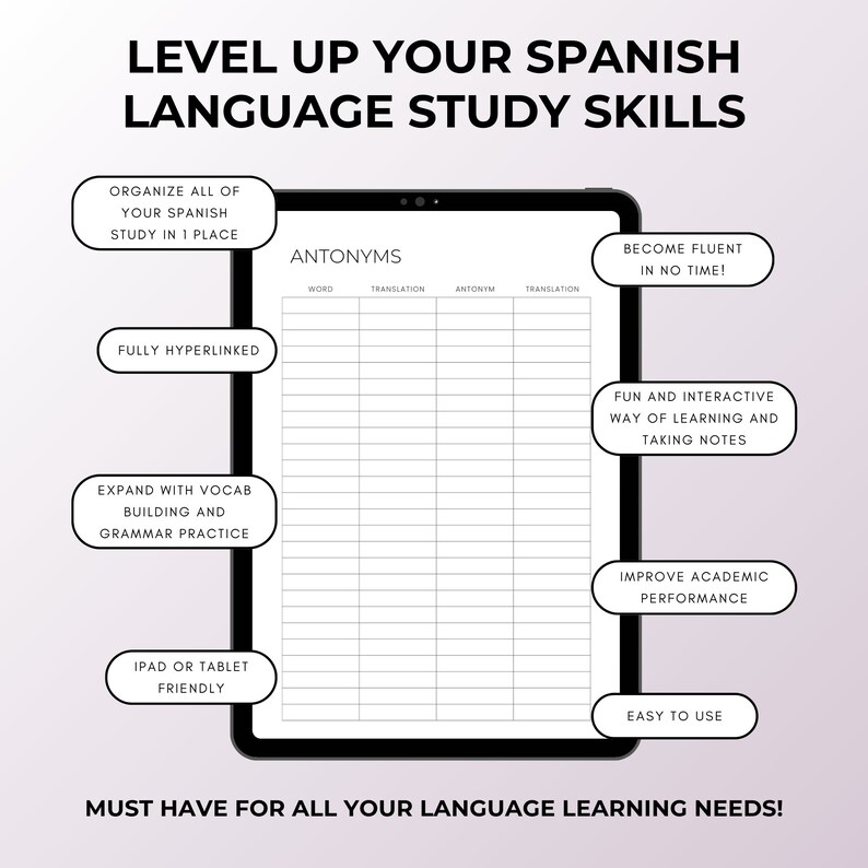 Spanish White Language Learning Notebook, Hyperlinked Journal, iPad ...