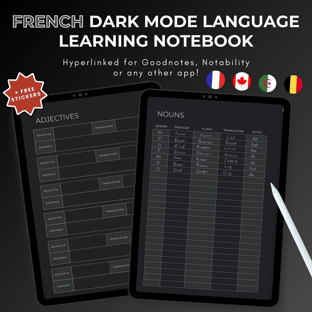French Dark Mode Language Learning Notebook, Hyperlinked Journal, iPad ...