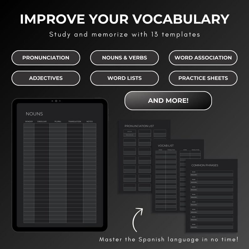 Spanish Dark Mode Language Learning Notebook, Hyperlinked Journal, iPad ...