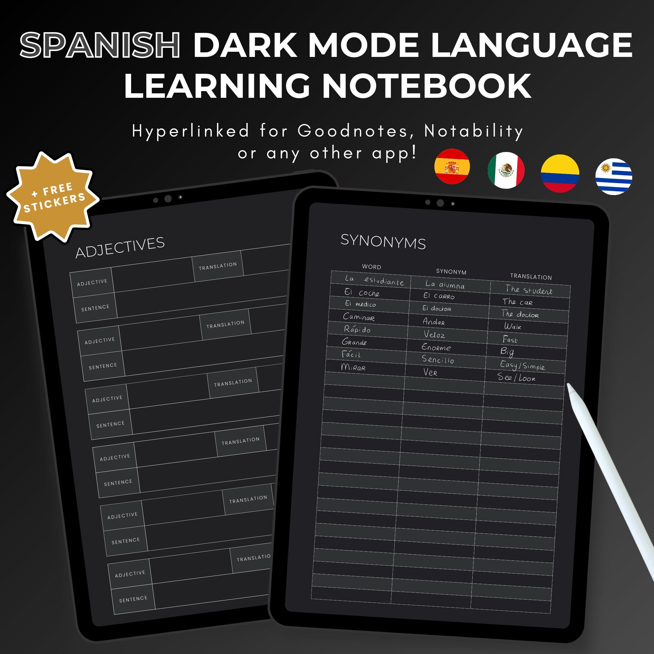 Spanish Dark Mode Language Learning Notebook, Hyperlinked Journal, iPad ...