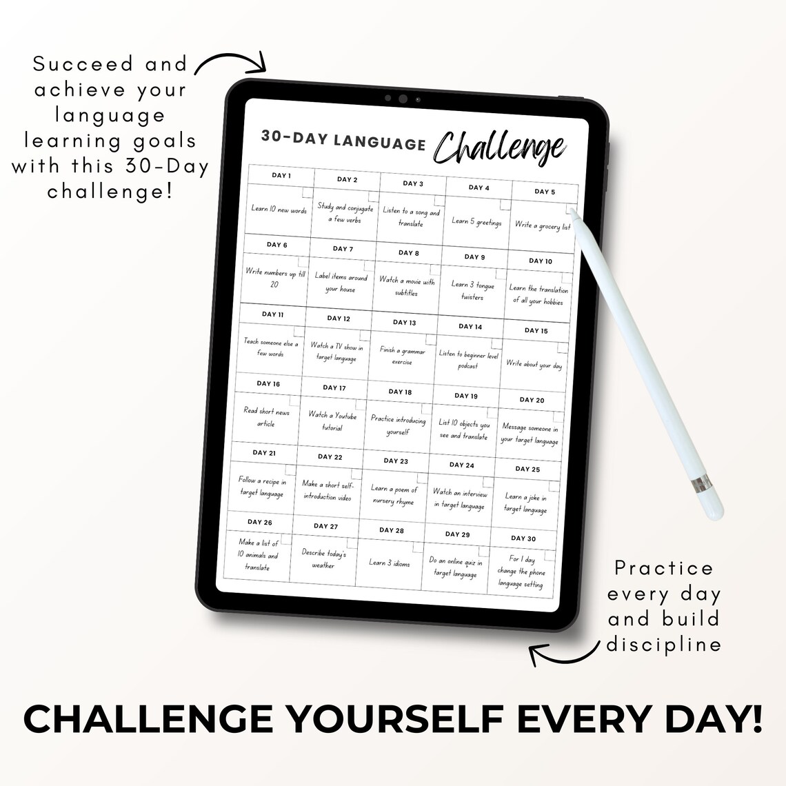 30 Day Language Learning Challenge Printable Worksheet, Language Study ...