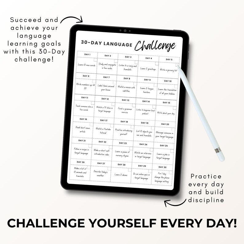 30 Day Language Learning Challenge Printable Worksheet, Language Study Planner, Daily Language ...