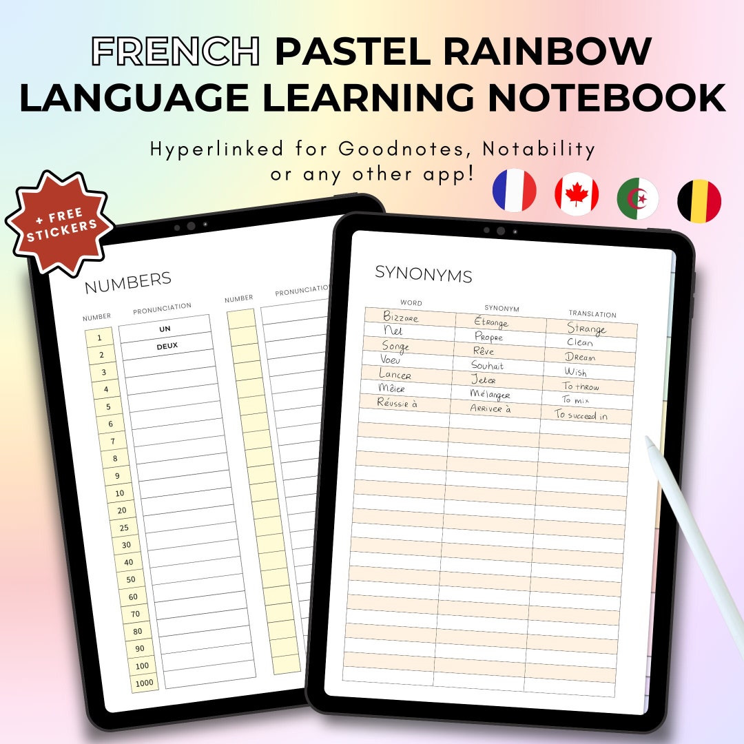 French Rainbow Pastel Language Learning Notebook, Hyperlinked Journal ...