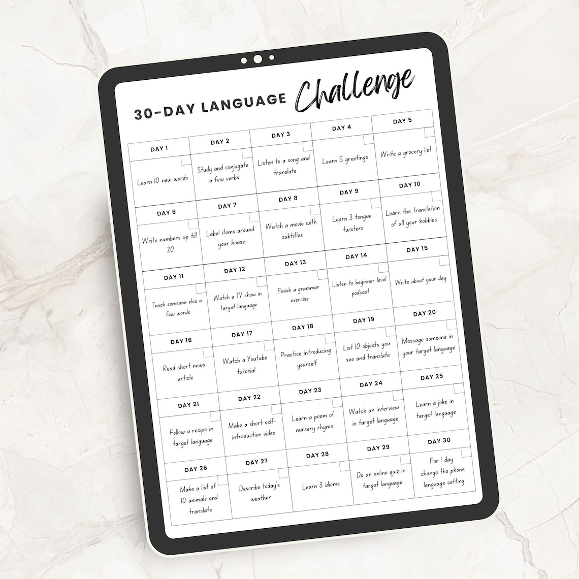 30 Day Language Learning Challenge Printable Worksheet, Language Study ...