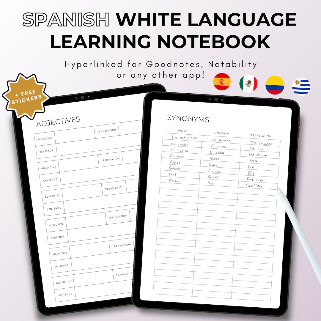 Spanish White Language Learning Notebook, Hyperlinked Journal, iPad ...