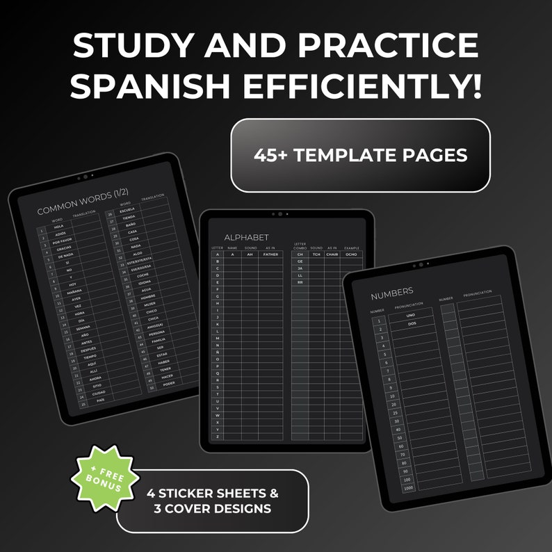 Spanish Dark Mode Language Learning Notebook, Hyperlinked Journal, iPad ...