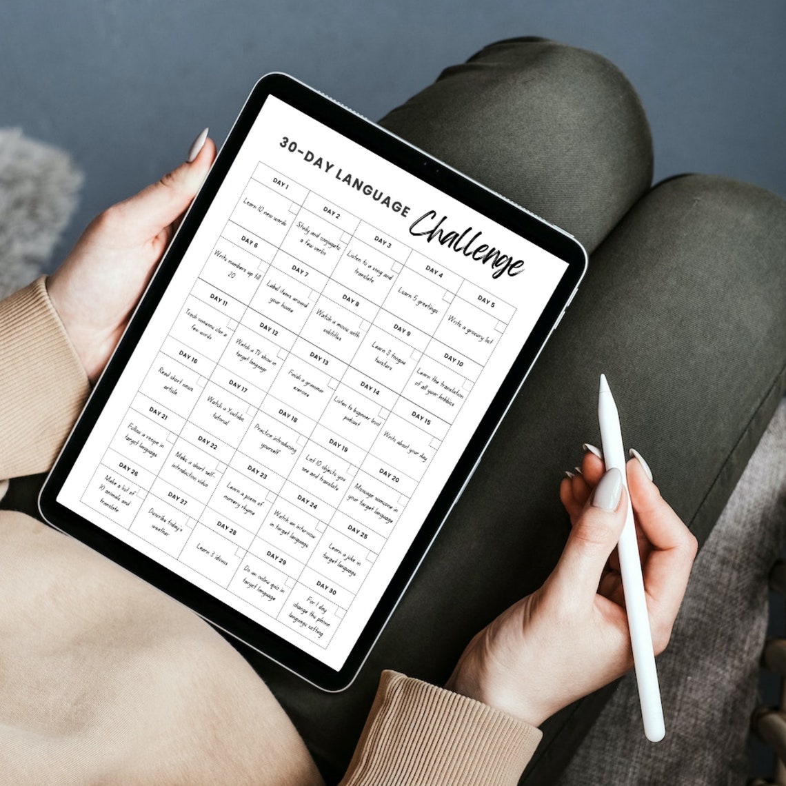 30 Day Language Learning Challenge Printable Worksheet, Language Study ...