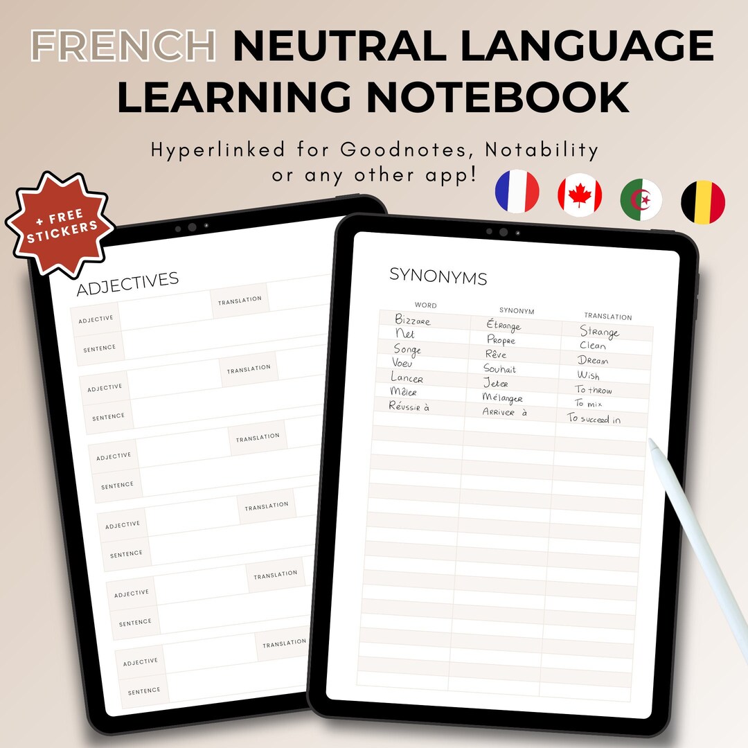 French Neutral Language Learning Notebook, Hyperlinked Journal, iPad ...