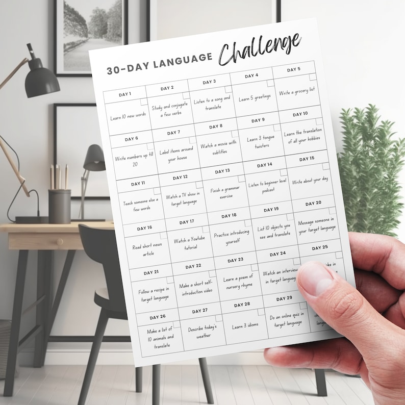 30 Day Language Learning Challenge Printable Worksheet, Language Study Planner, Daily Language ...