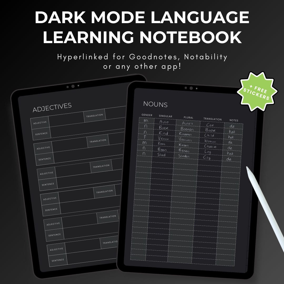 Dark Mode Language Learning Notebook, Hyperlinked Journal, iPad ...