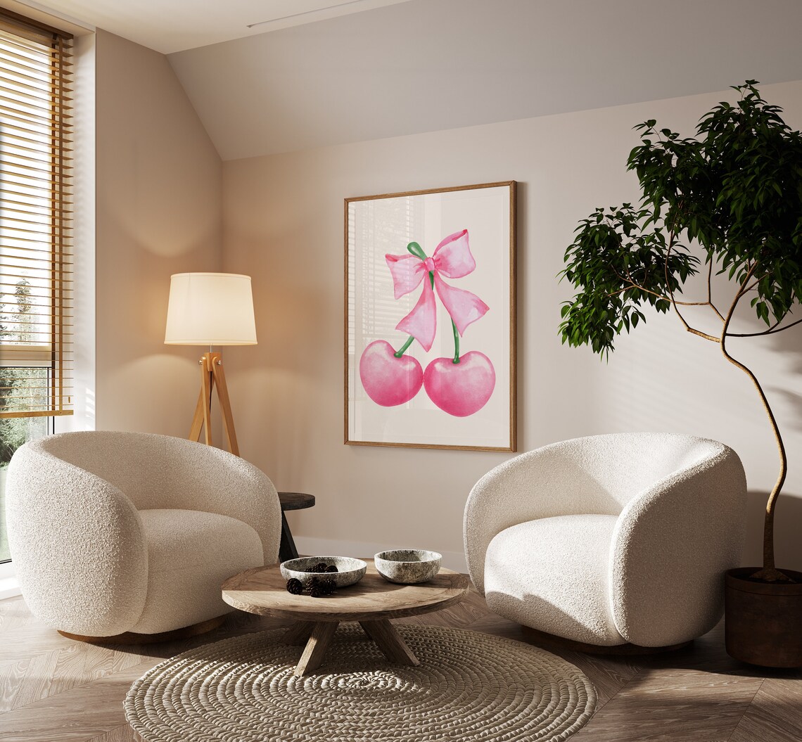 Cherry Wall Art Print, Printable Feminine Poster, Coquette Pink Bow Soft Girl Bedroom Decor ...